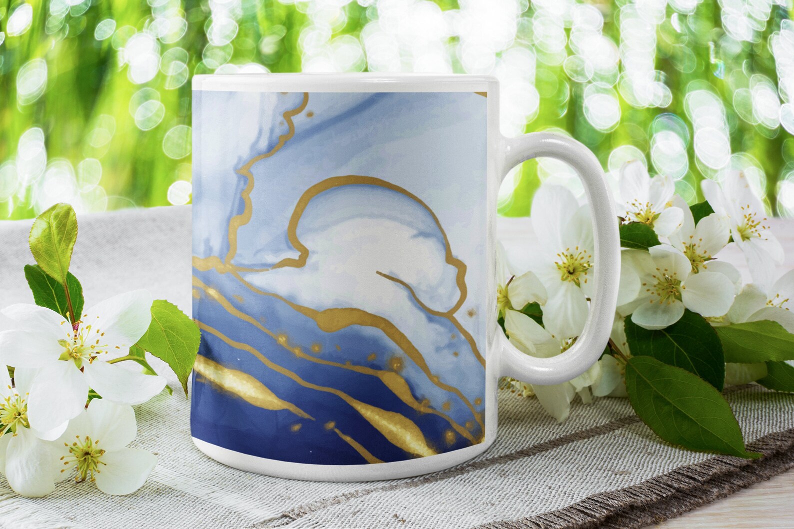 Luxurious Light Blue and Gold Marble Glossy Ceramic Marble Mug Durable ...