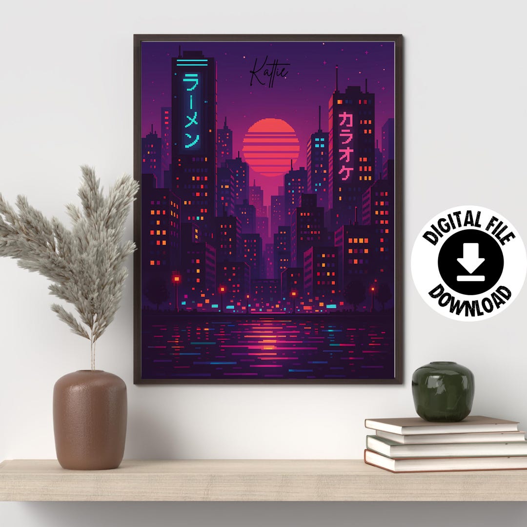 Cyberpunk Pixel Art Poster | Futuristic 8-bit Wall Print | Neon ...