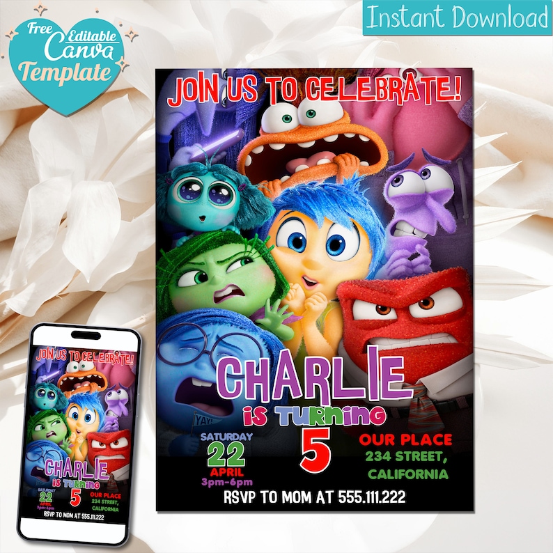 Editable Inside Out 2 Birthday Invitation Customizable Canva Template ...