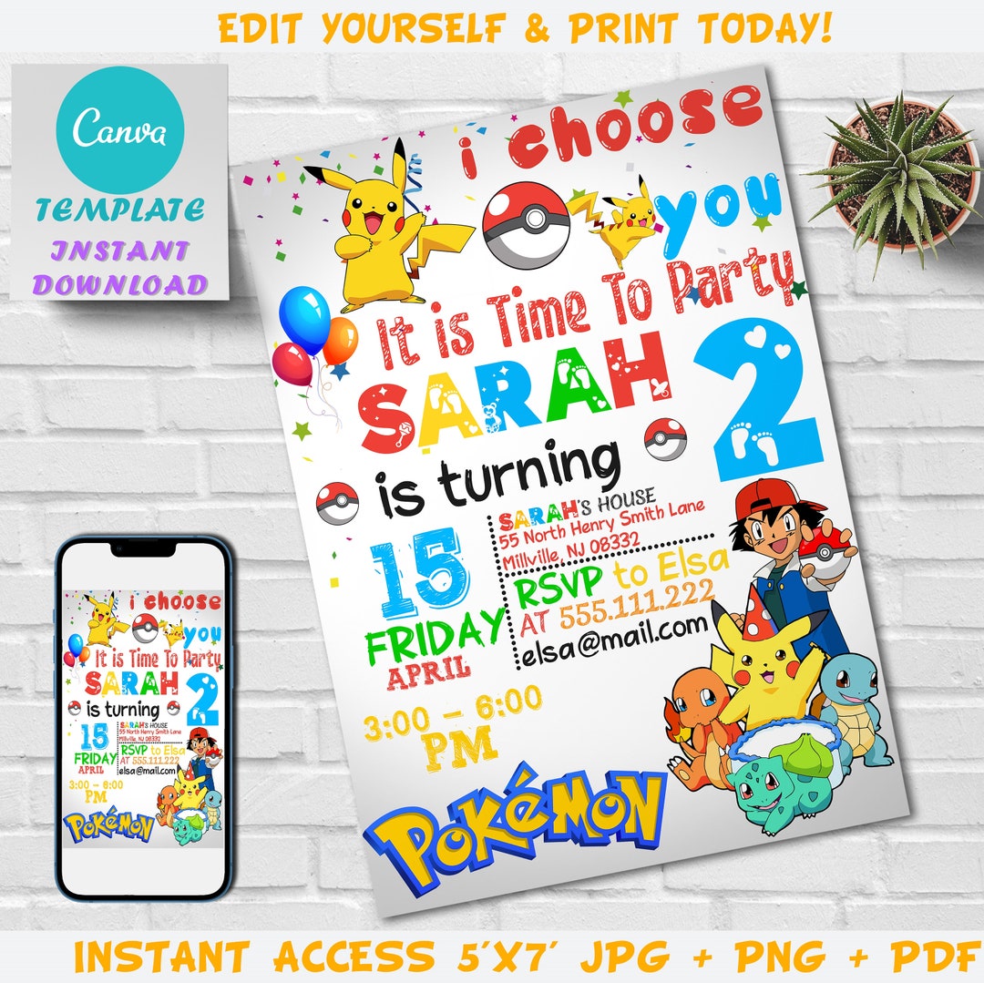 Editable Pokemone Birthday Invitation Digital, Pokemon Evite, Editable ...