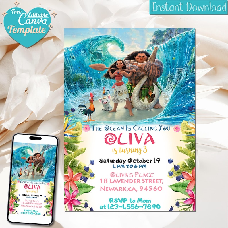 Invitación de cumpleaños editable de Moana / Plantilla de invitación ...