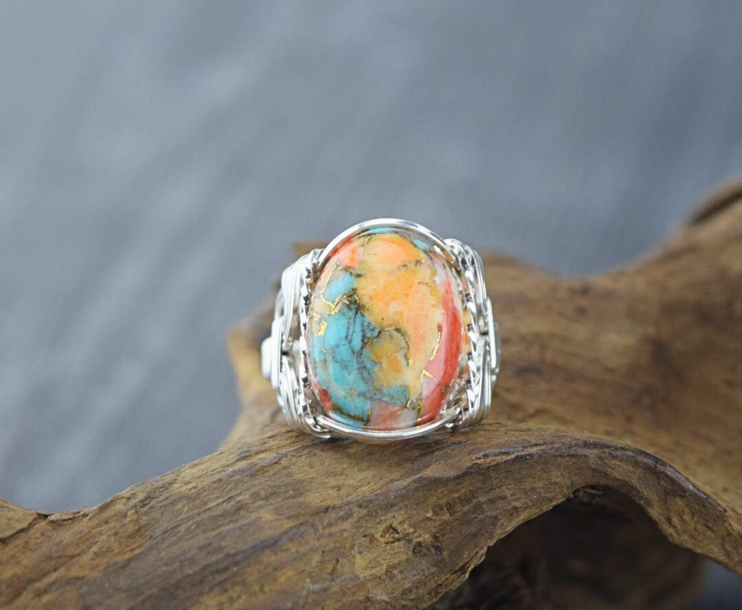 Sterling Silver Spiny Oyster Turquoise Wire Wrapped Ring - Etsy