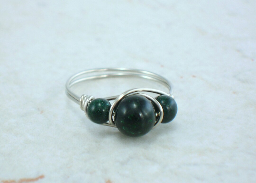 Sterling Silver Green Goldstone Three Bead Ring - Etsy