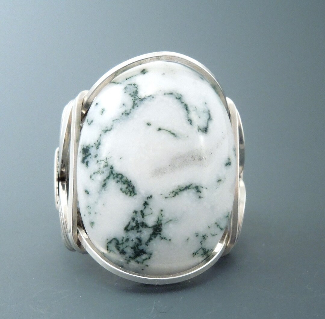 Handcrafted Sterling Silver Large Tree Agate Cabochon Wire Wrapped Ring ...