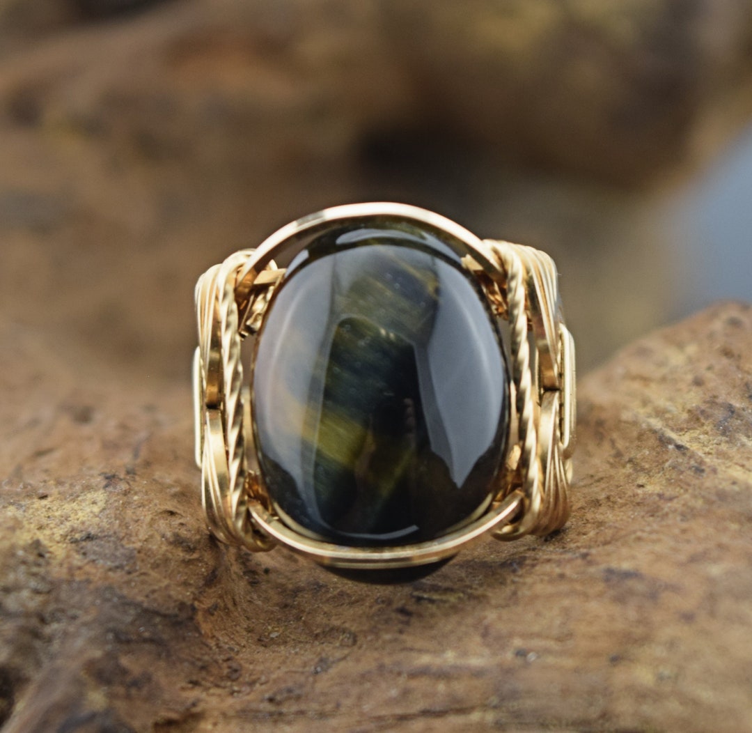 14 K Gold Filled Hawk's Eye or Blue Tiger's Eye Cabochon Wire Wrapped ...