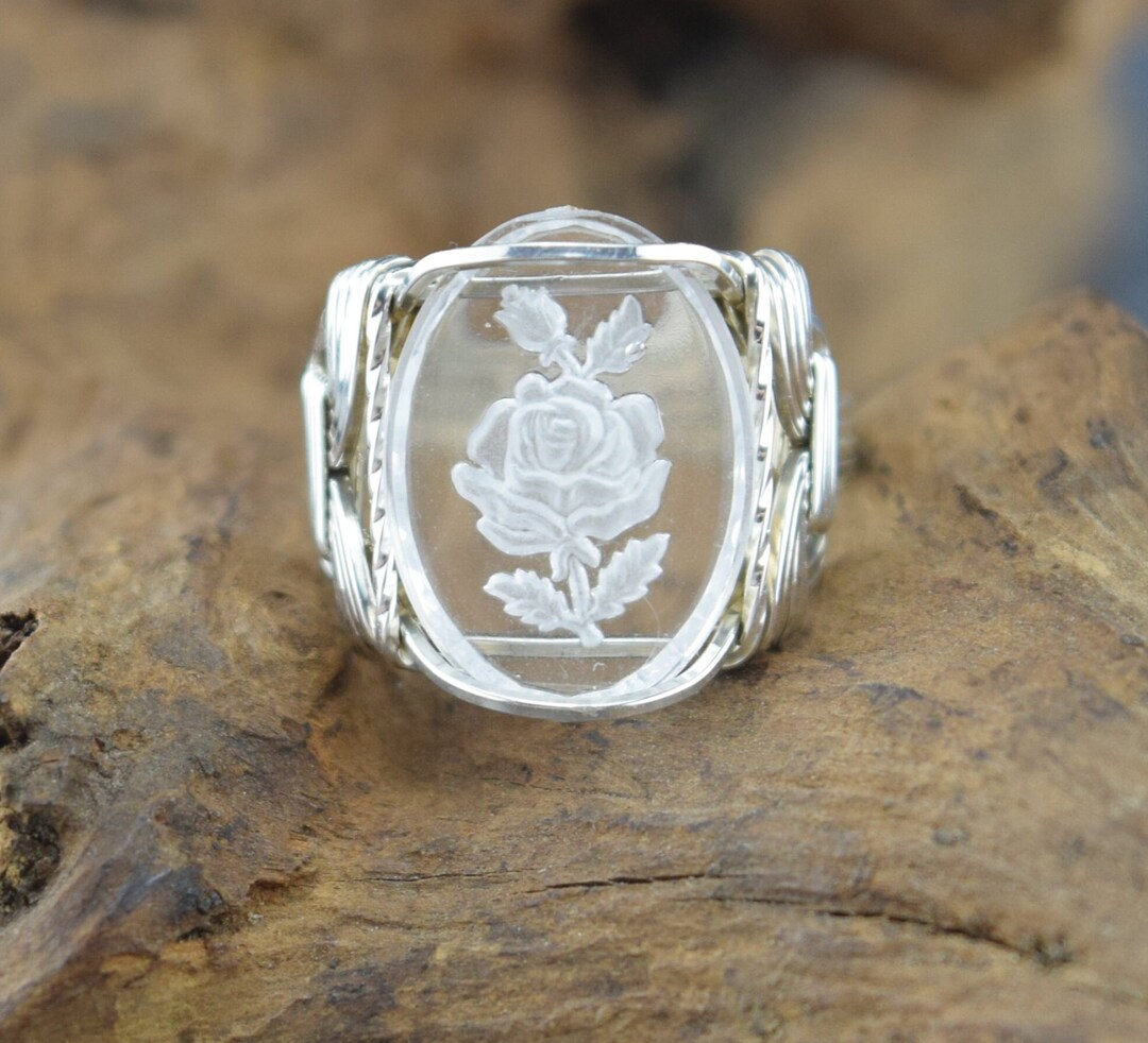 Sterling Etched Rose Glass Cabochon Wire Wrapped Ring - Etsy