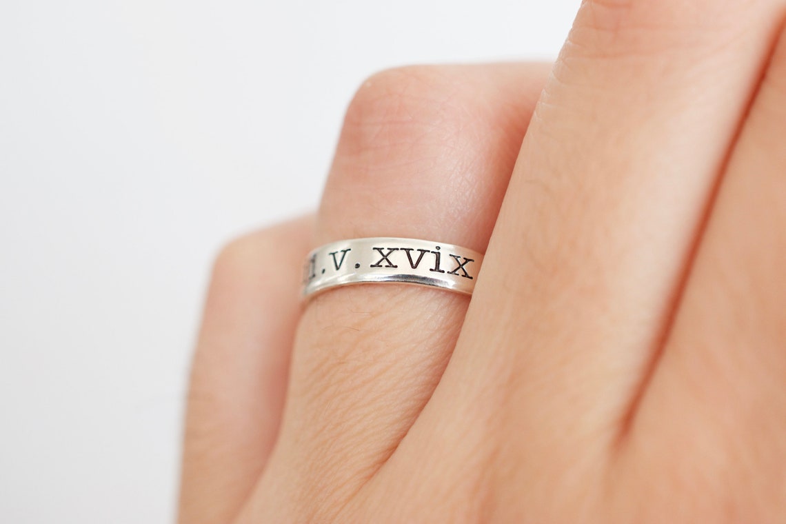 Roman Numerals Ring Sterling Stackable Ring Custom Date - Etsy