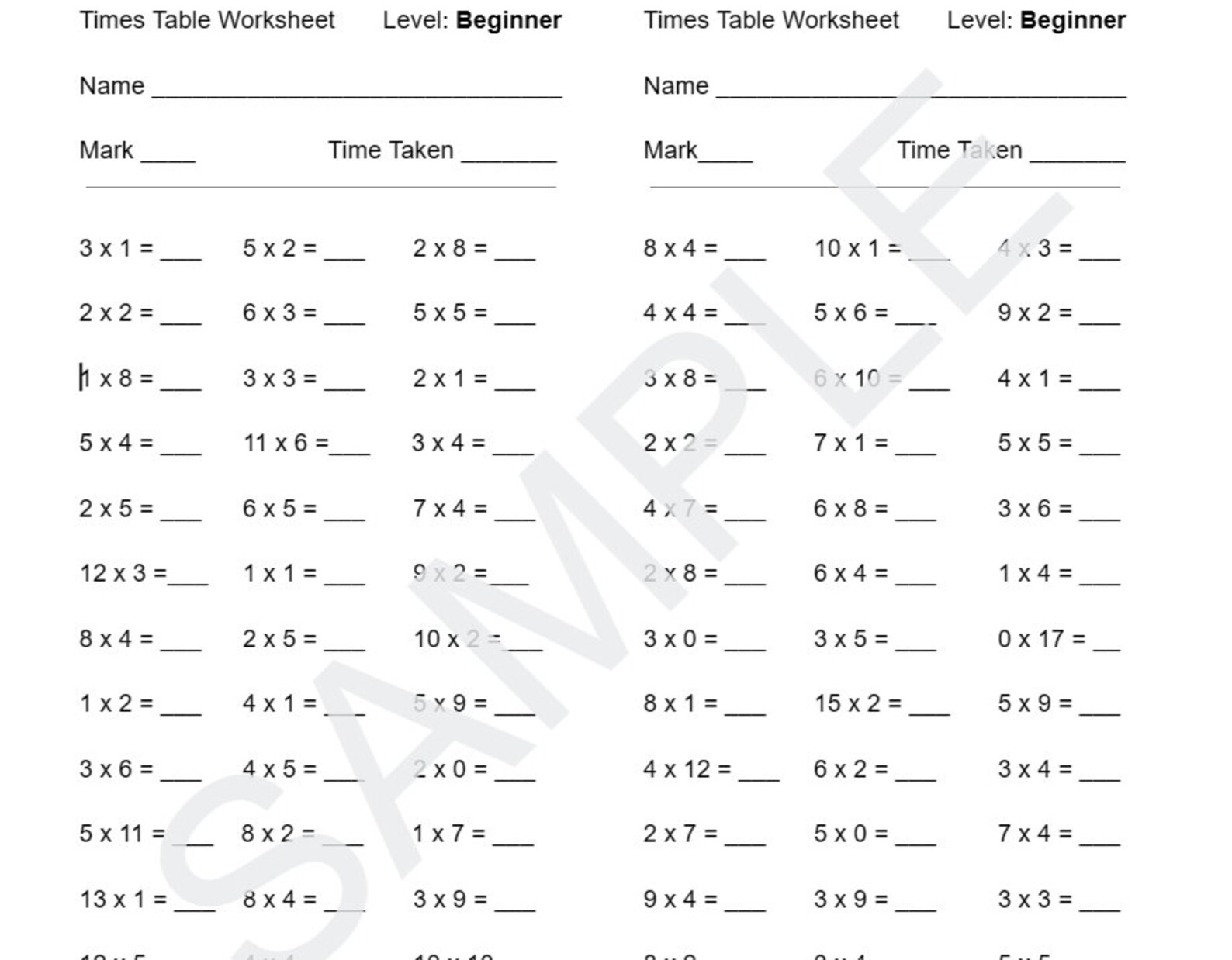 Maths Times Table Worksheet With Answers - Beginner - Etsy