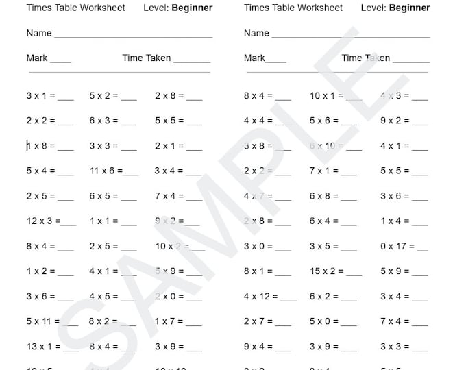 Maths Times Table Worksheet With Answers - Beginner - Etsy