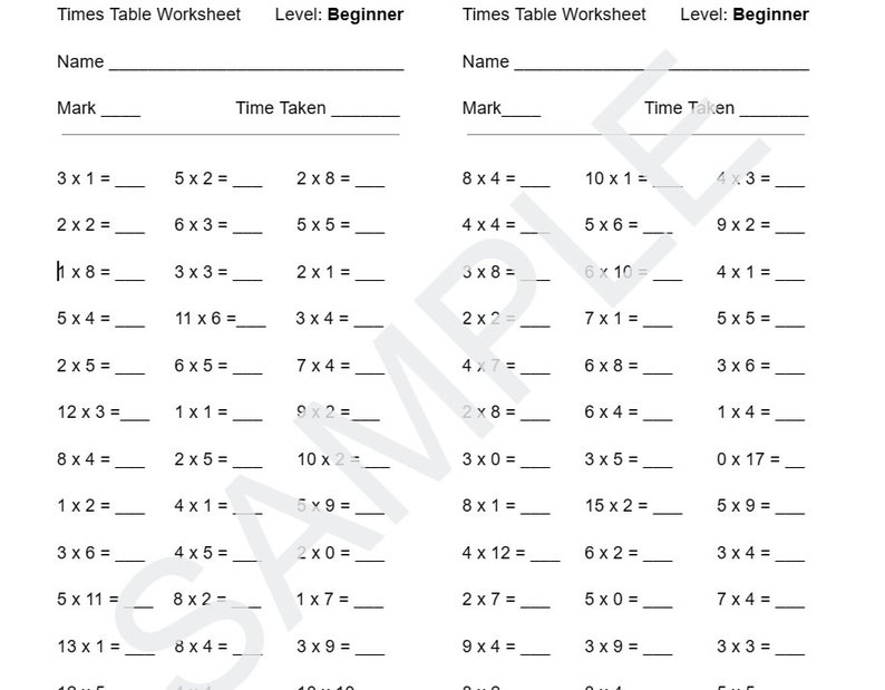 Maths Times Table Worksheet With Answers - Beginner - Etsy