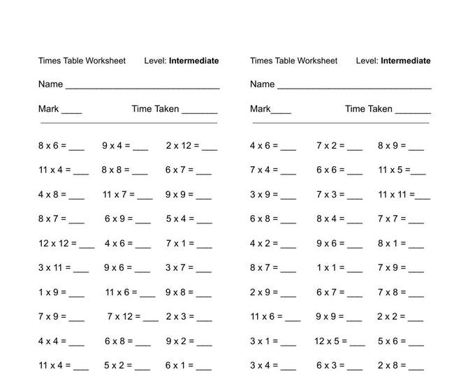 Maths Times Table Worksheet With Answers - Intermediate - Etsy