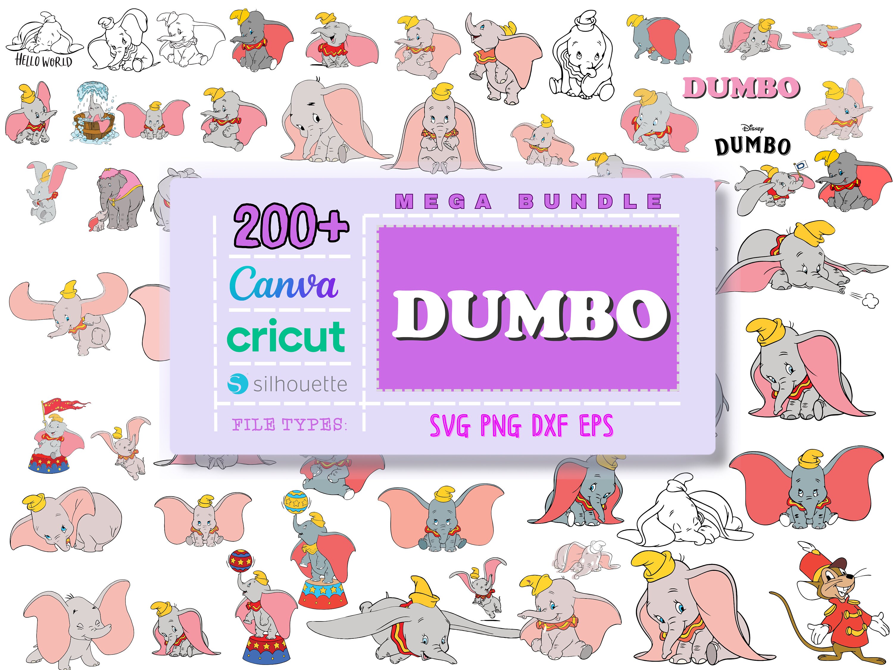 Dumbo Svg Bundle, Dxf - Eps - Png - Svg, Layered, Cartoon, Silhouette ...