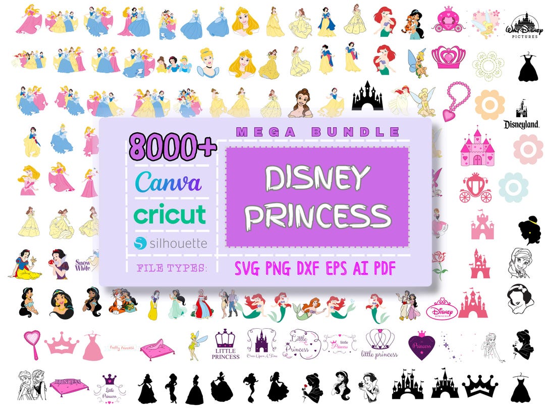 MEGA Cartoon Princess Svg Bundle, Svg, Png, Dxf, Eps, Ai,pdf, Mickey ...