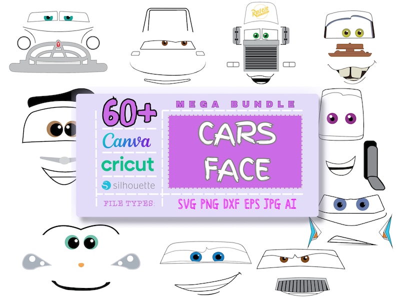 Cars Face Svg Bundle, Svg - Png - Dxf - Eps, Cartoon, Cars, Layered ...