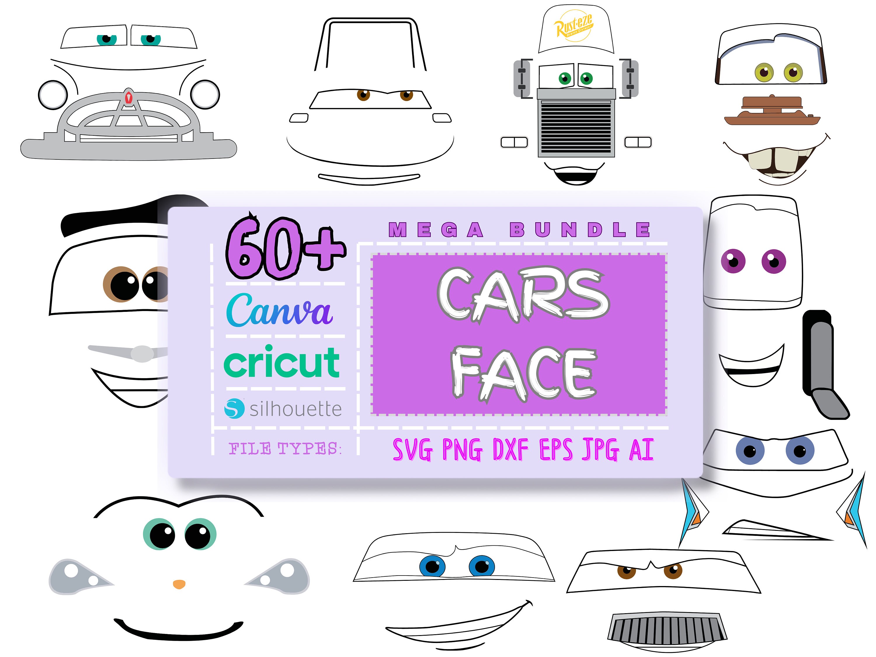 Cars Face Svg Bundle, Svg - Png - Dxf - Eps, Cartoon, Cars, Layered ...