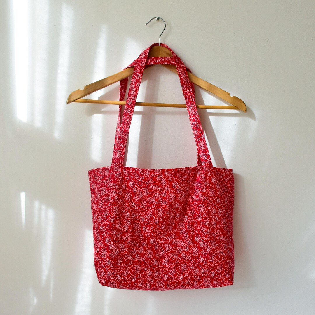 Red Floral Tote Bag, Quilted Tote Bag, 100% Cotton Tote Bag, Cotton ...