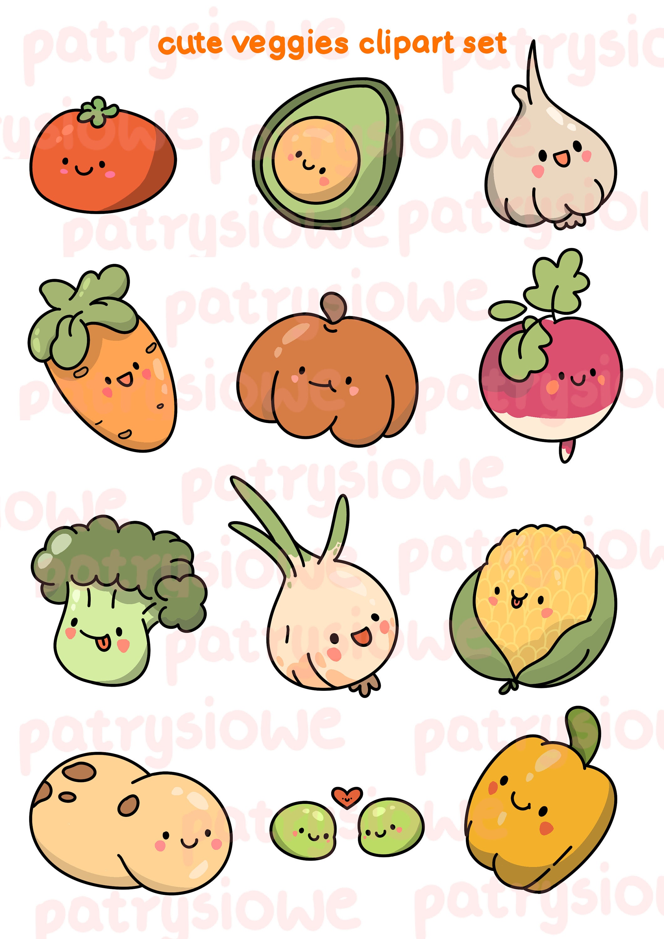 Cute Veggies Clipart Set - Etsy