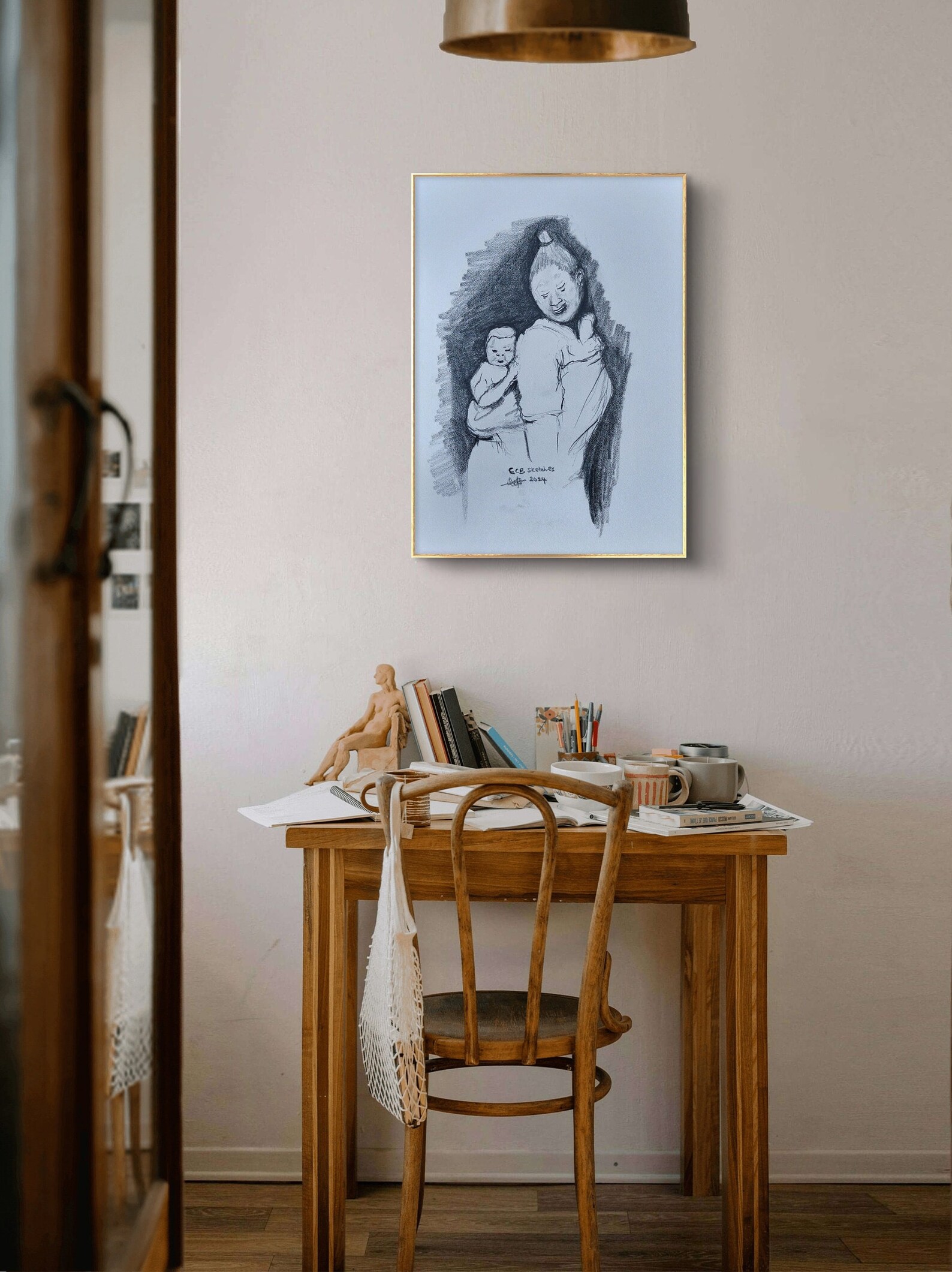 Original Motherhood Drawing, Mothers Love Portrait, Grandma Carrying ...