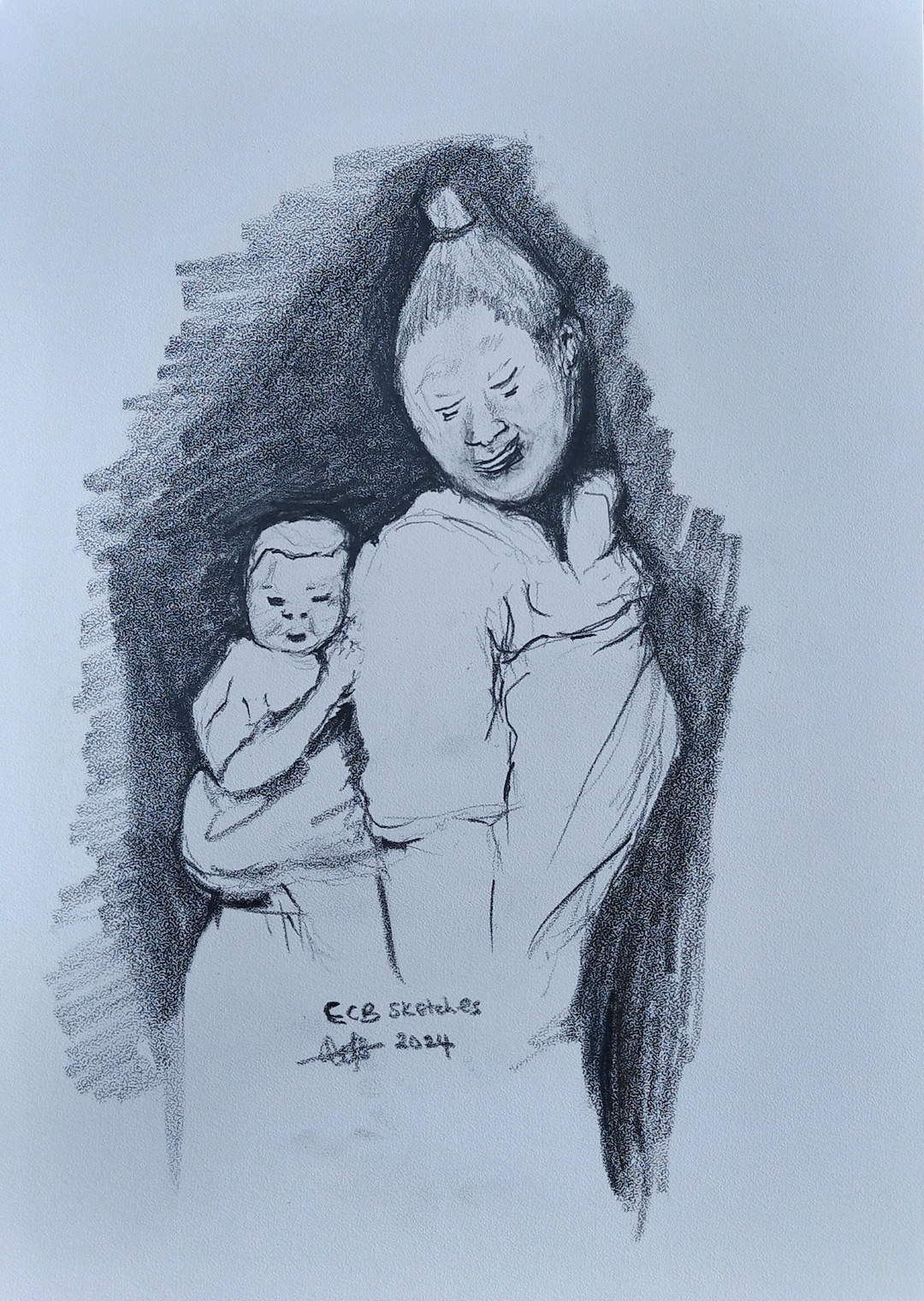 Original Motherhood Drawing, Mothers Love Portrait, Grandma Carrying ...