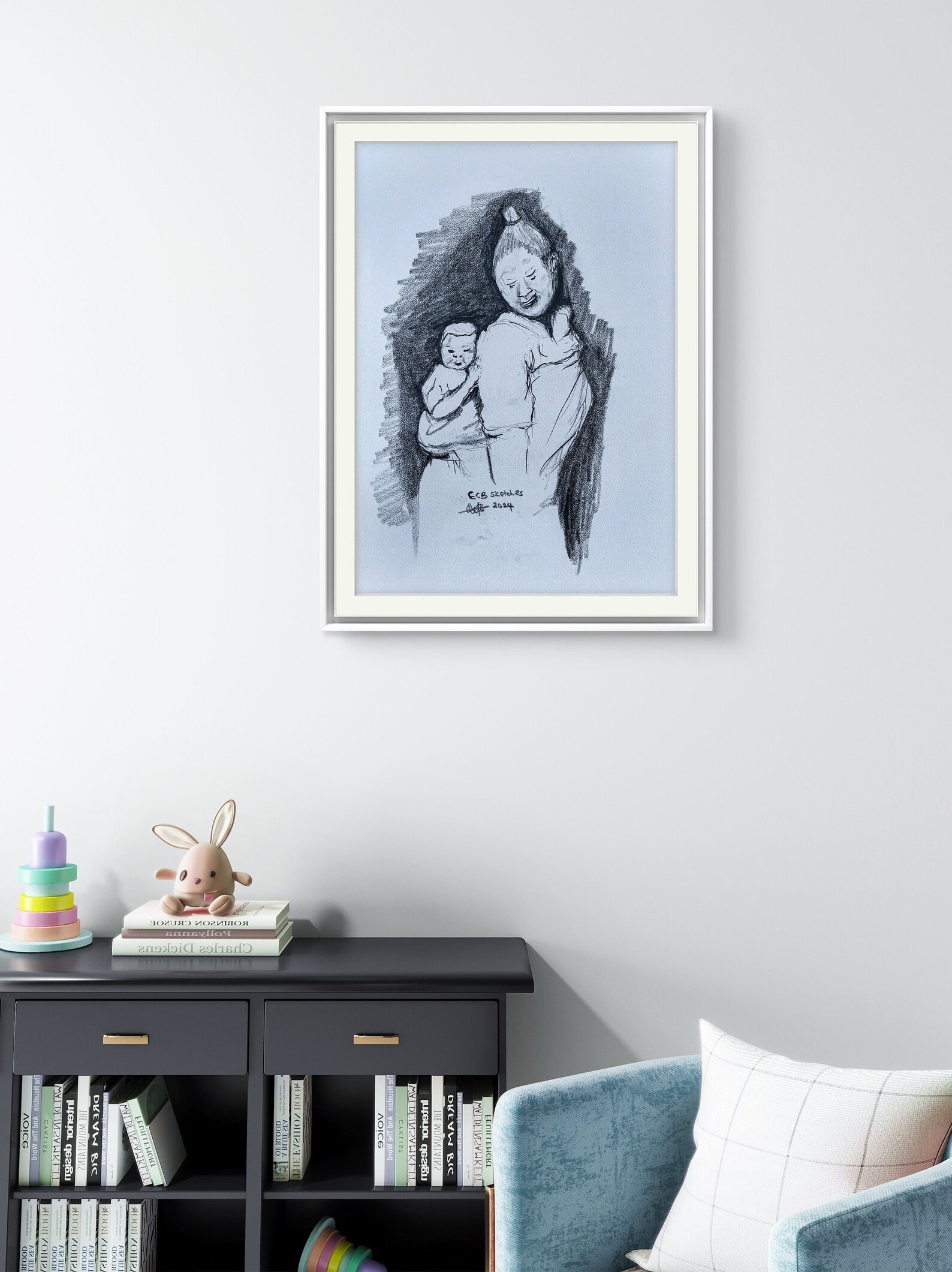Original Motherhood Drawing, Mothers Love Portrait, Grandma Carrying ...