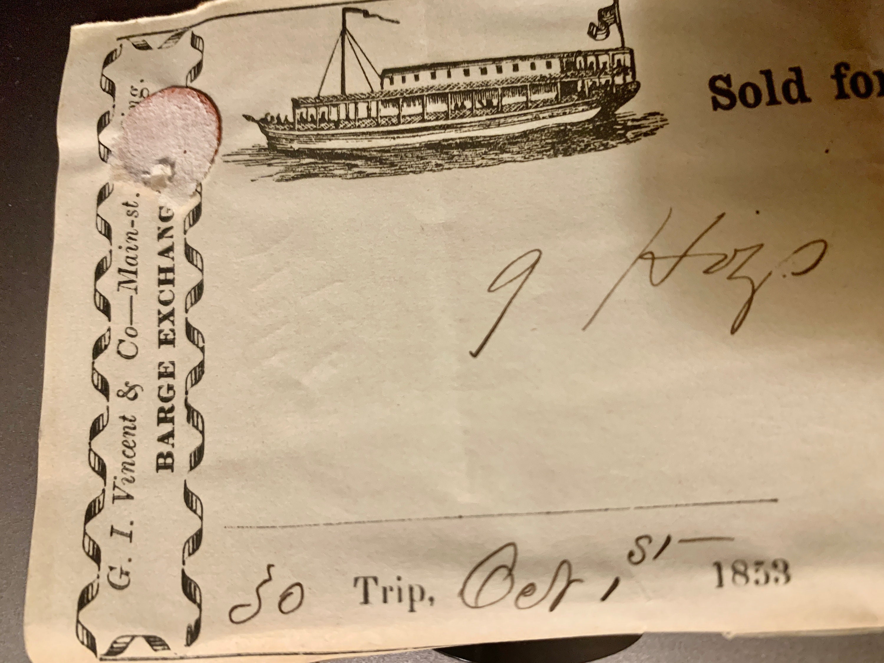 1853 Poughkeepsie Barge Exchange Receipt, G.I. Vincent & Co., Towboat ...