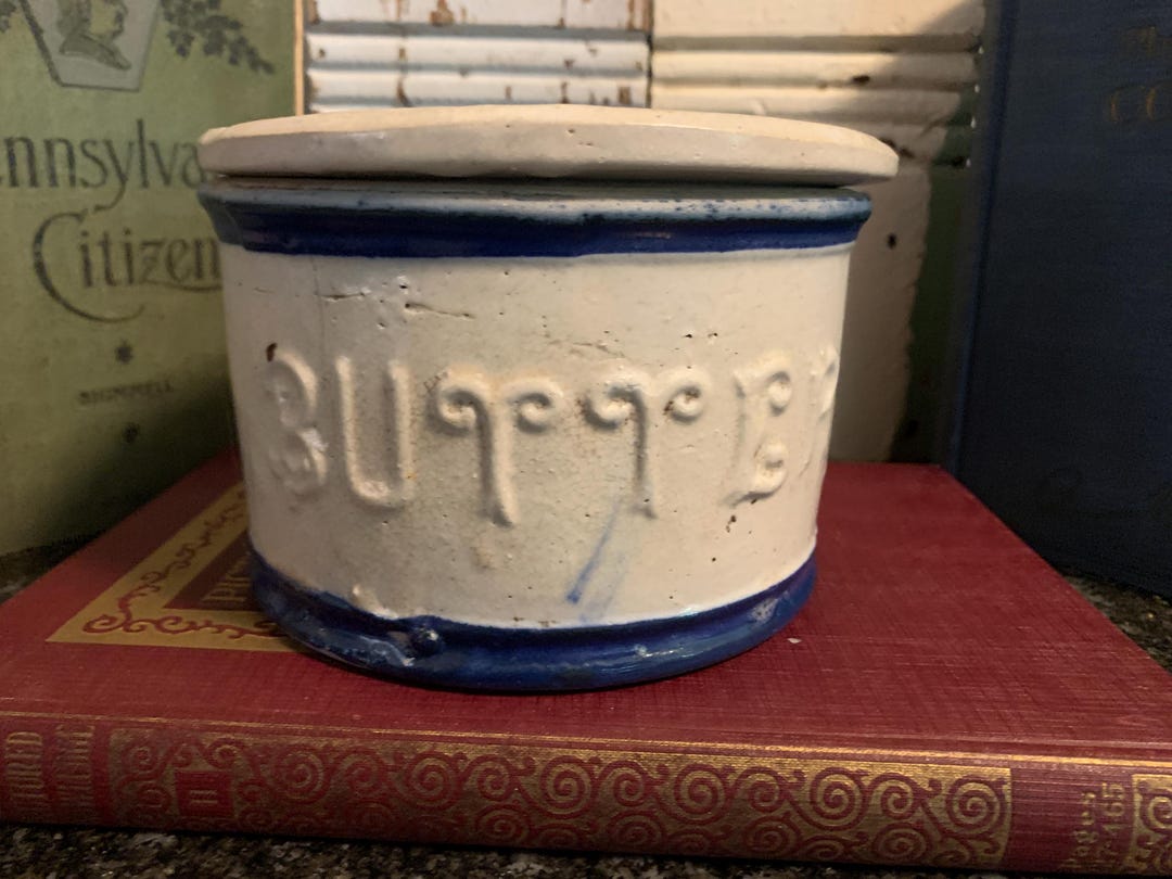Antique Stoneware Butter Crock With Lid, Blue and White, Striped ...