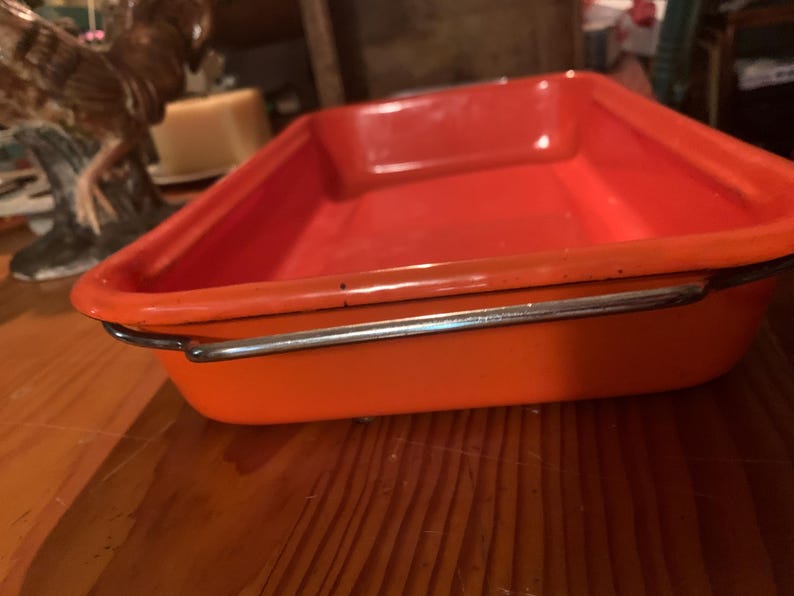 Vintage Enamelware Roasting Pan | 16 X 10 | Orange Enamel Rectangle ...