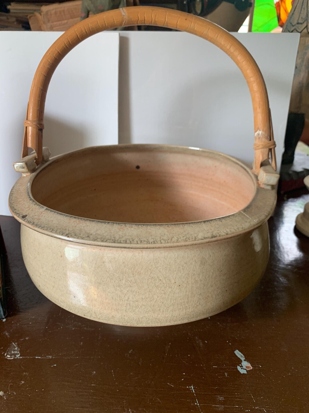 Pottery Container, Bamboo Handle, Vintage Bowl Planter, Mid Century ...