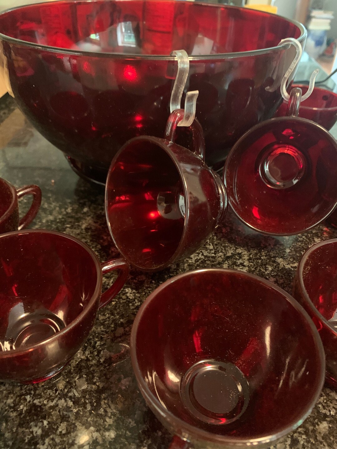 Anchor Hocking Ruby Red Punch Bowl Set With 12 Cups and Stand parts of ...