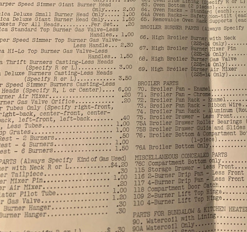 Crown Gas Ranges, 1941, Operating Instructions, Parts Price List, Crown ...