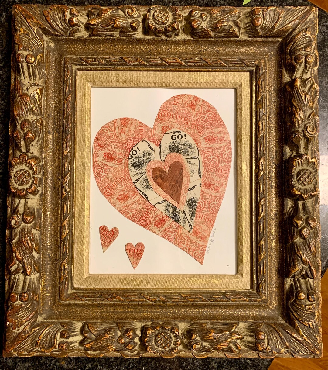 Paper Collage Heart in Vintage Carved Frame, Sweetheart, Christmas Gift ...