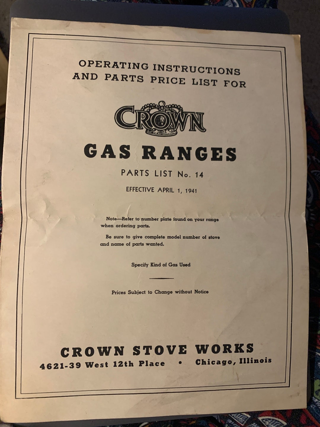 Crown Gas Ranges, 1941, Operating Instructions, Parts Price List, Crown ...