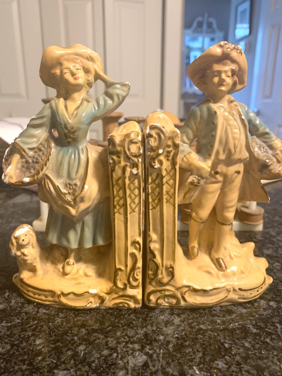 Vintage French Man and Lady Bookends With Dog, Book Lover, Chalkware ...