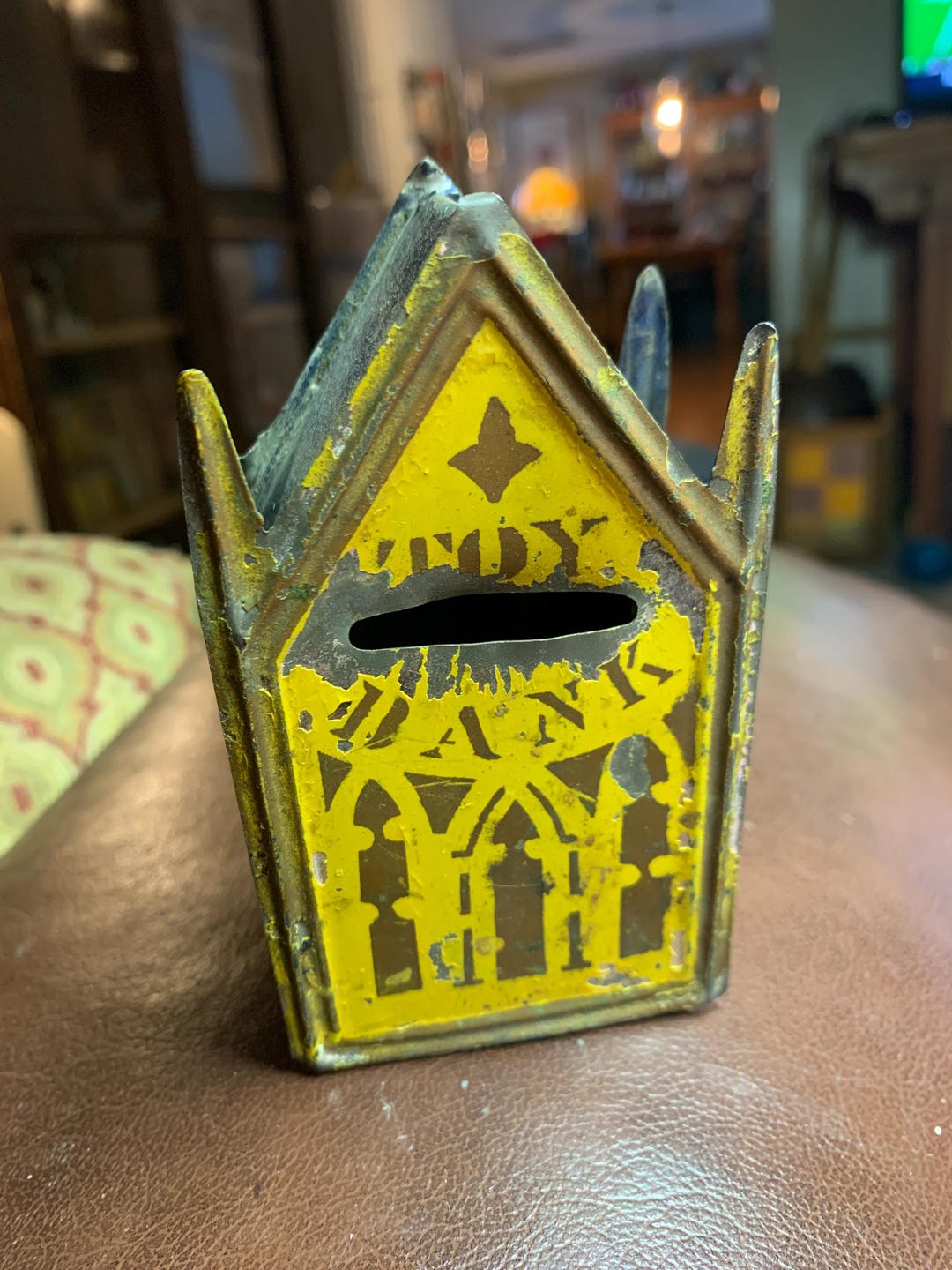 Rare Early Folk Art Hand-painted Gothic Stenciled Tin Toy Bank, George ...