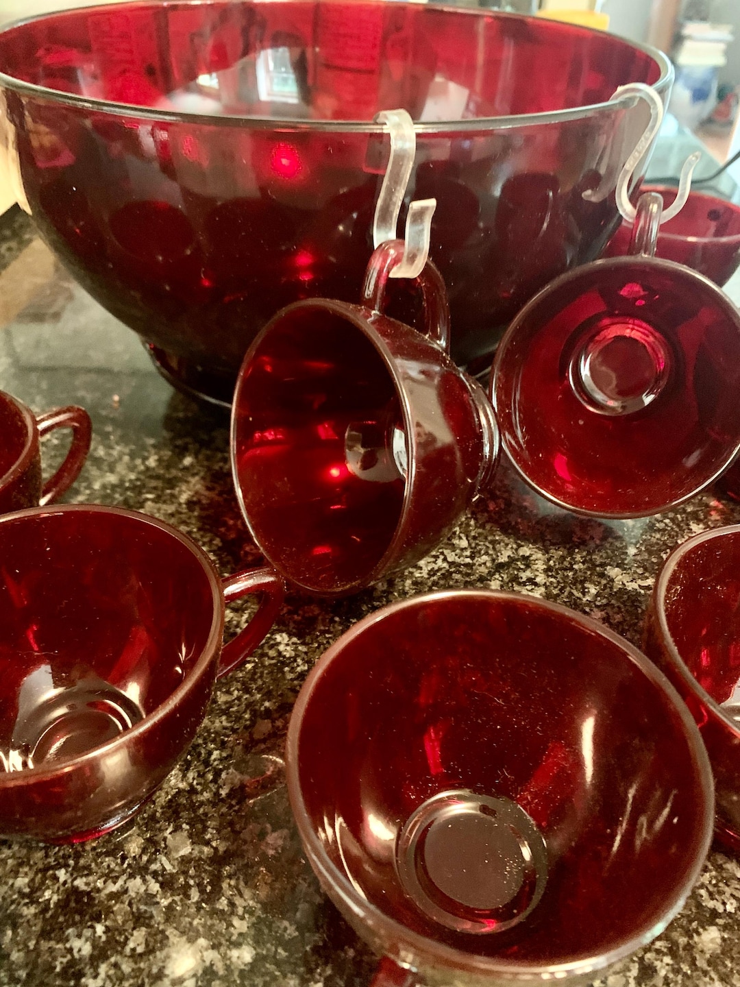 Anchor Hocking Ruby Red Punch Bowl Set With 12 Cups and Stand (parts of ...