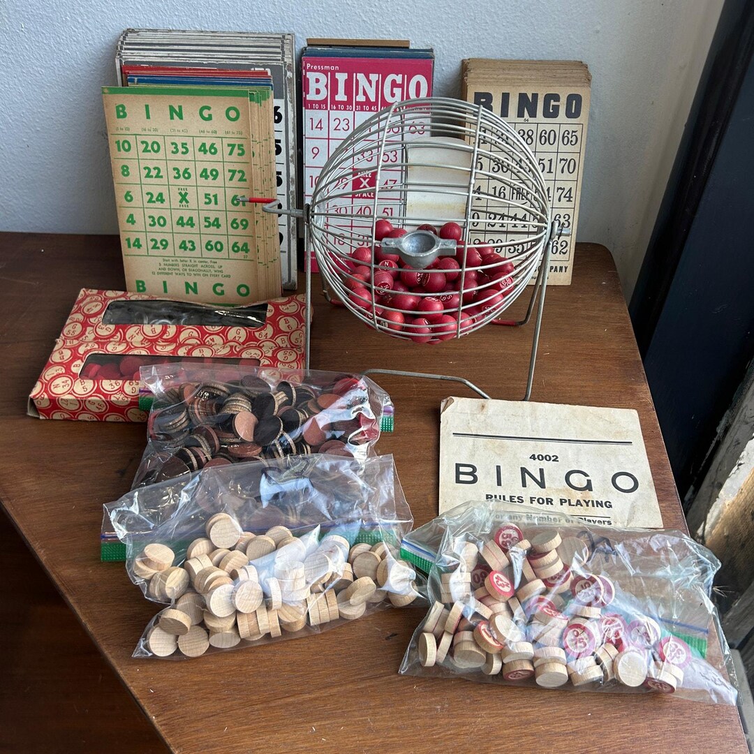 Vintage 1960s Bingo Game Metal Cage Tumbler Wooden Balls Caller ...