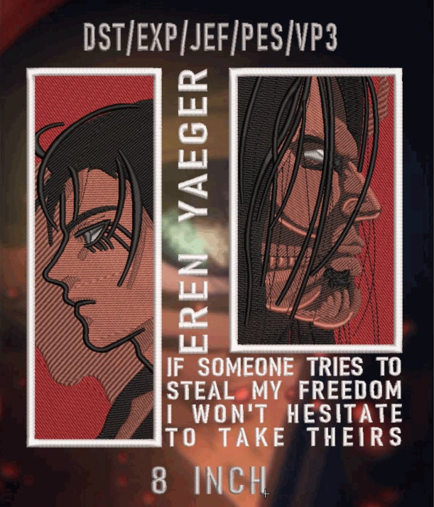 Eren Yeager Attack on Titan Embroidery Design machine Anime Embroidery ...