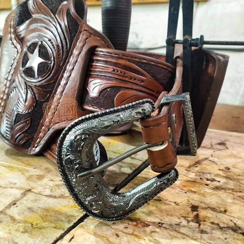 Custom Floral Hand Carved Leather Gun Belt With 3 Piece Buckle- Open ...