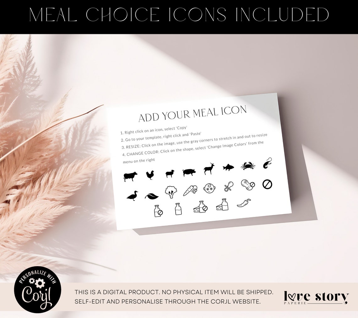 Wedding Place Card With Meal Choice Icon Template, Minimalist Name Card ...