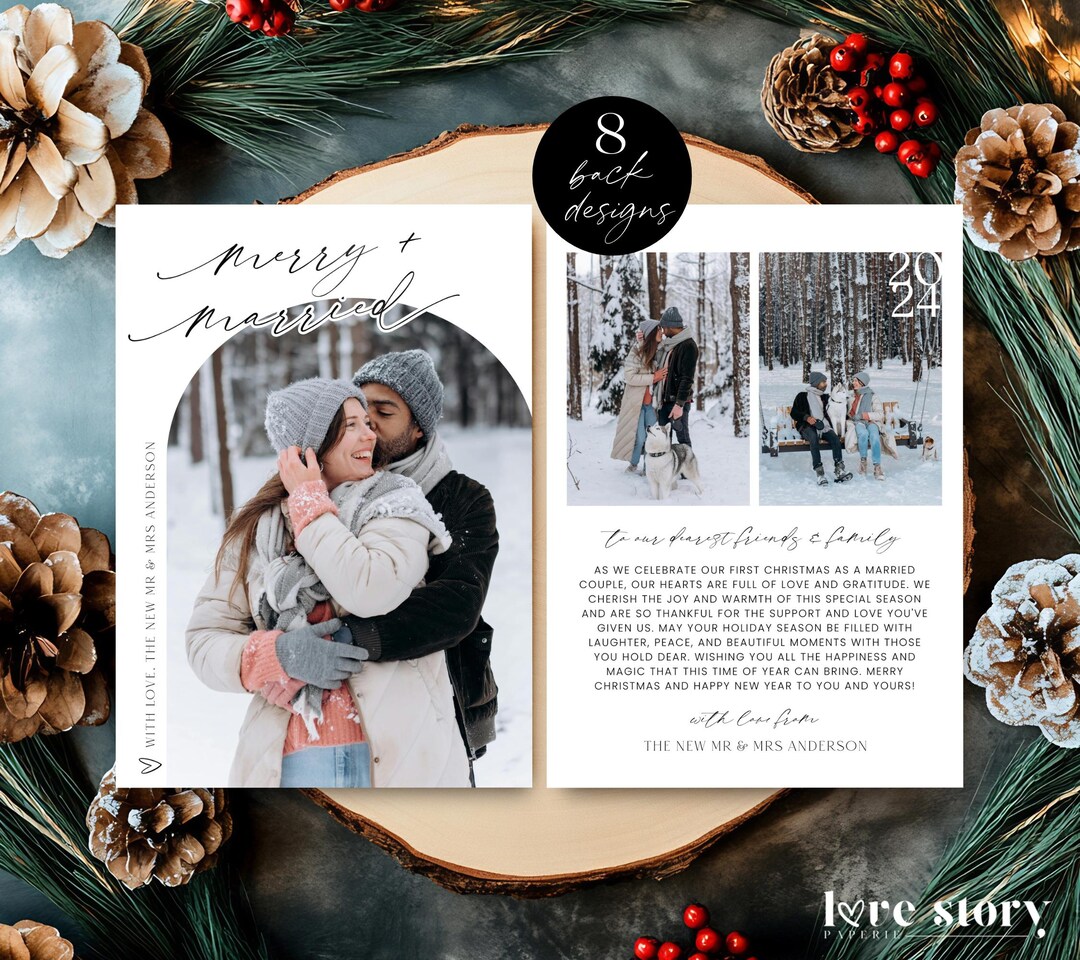 Modern Photo Merry and Married Christmas Card Template, Arch Newlyweds ...