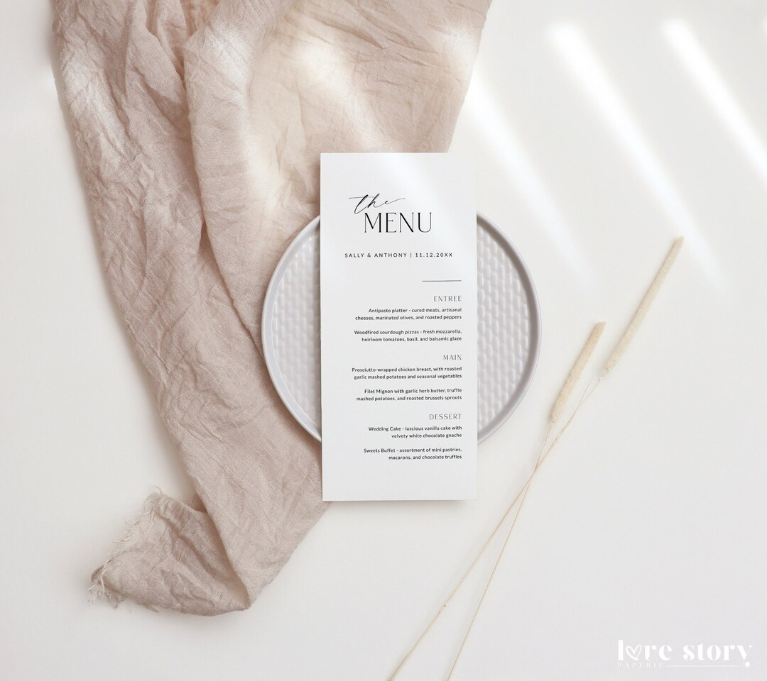 Minimalist Script Wedding Menu Template, Modern DIY Wedding Reception ...