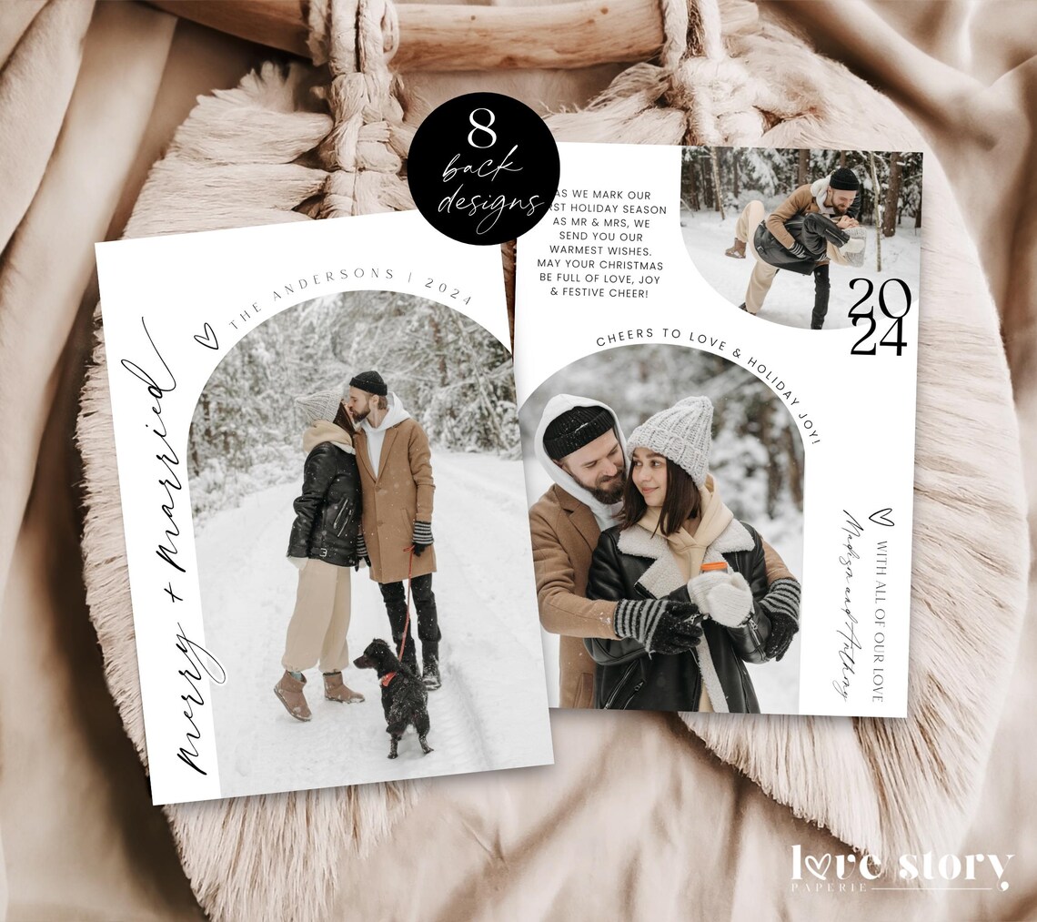 Merry and Married Christmas Holiday Card Photo Template, Modern ...