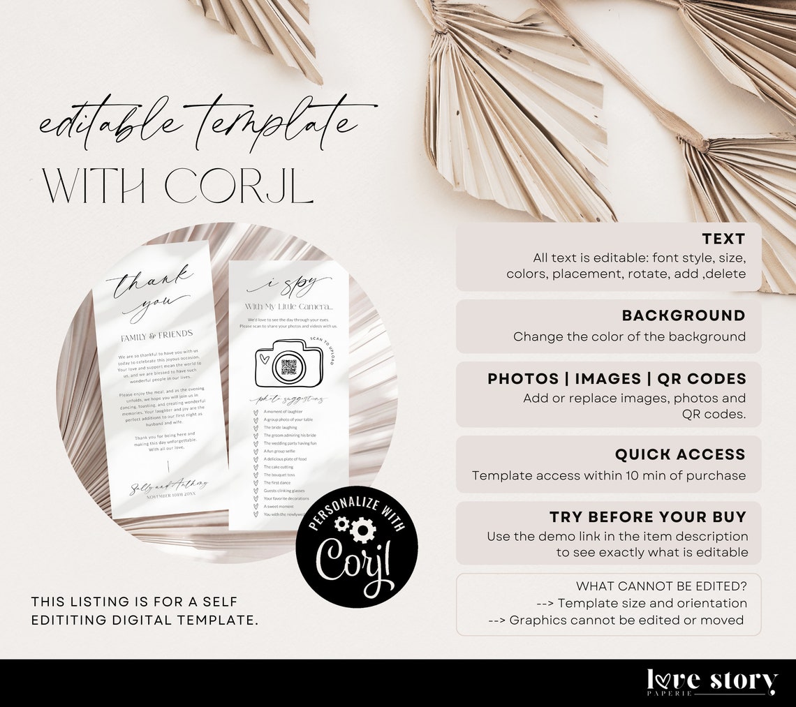 I Spy Wedding QR Thank You Place Card Template, Photo Hunt QR Code Game ...