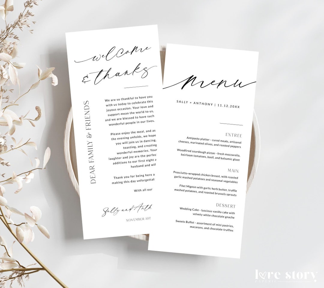 Wedding Menu Thank You Card Template, Minimalist Welcome Thanks for ...
