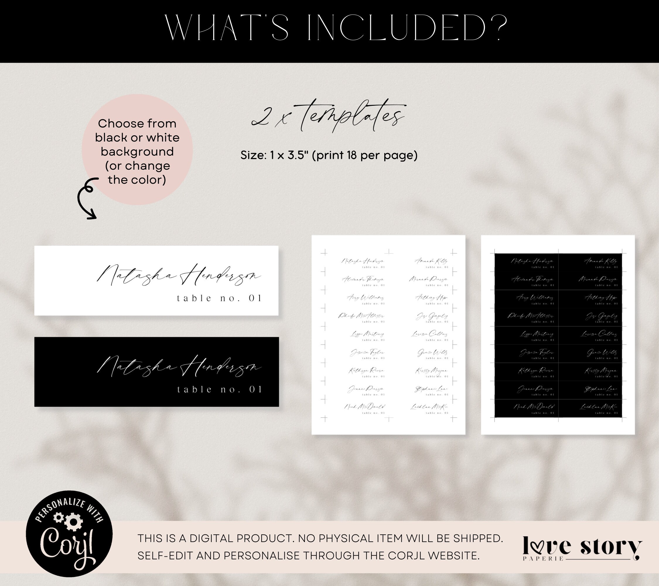 Elegant Thin Wedding Names Cards Template, Minimalist Slim Script Place ...