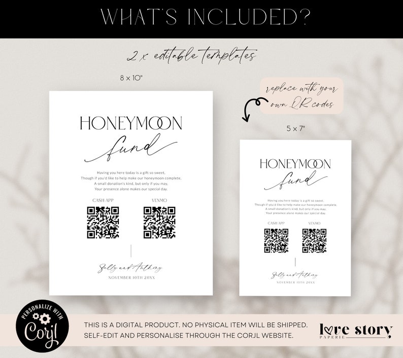 Modern Honeymoon Fund QR Code Sign Printable, Minimalist Wedding Cash ...