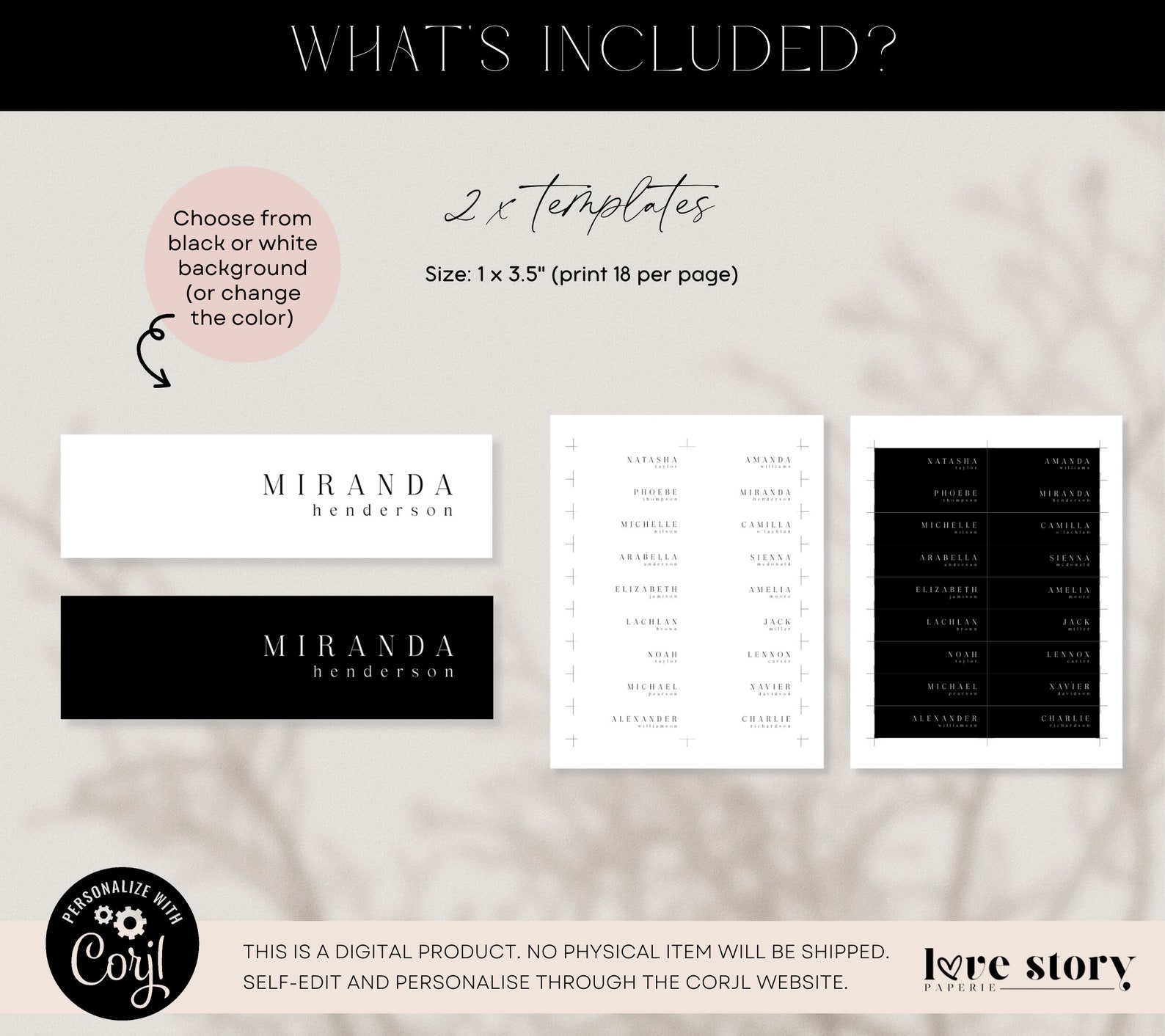 Thin Wedding Place Cards Template, Elegant Slim Name Cards Script ...
