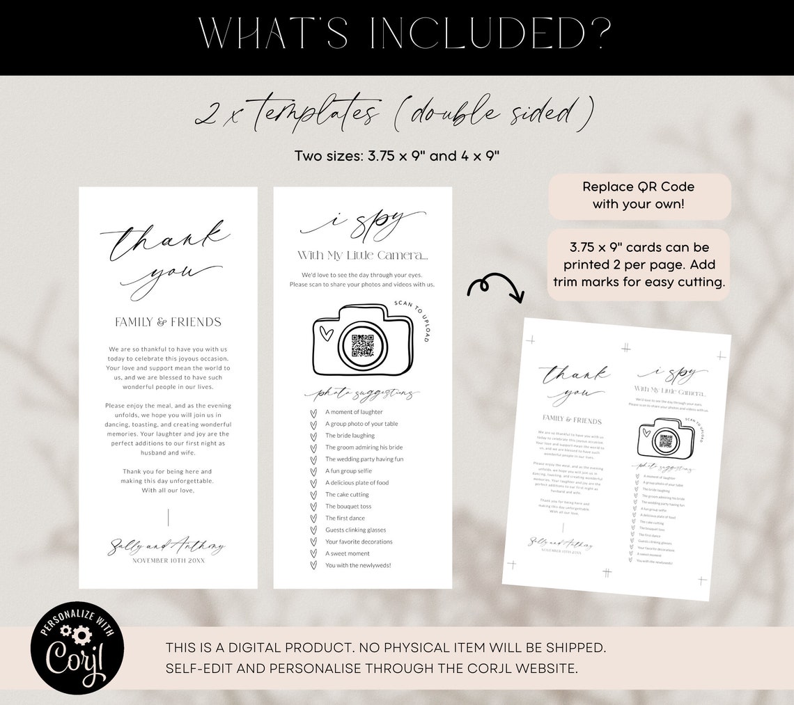 I Spy Wedding QR Thank You Place Card Template, Photo Hunt QR Code Game ...