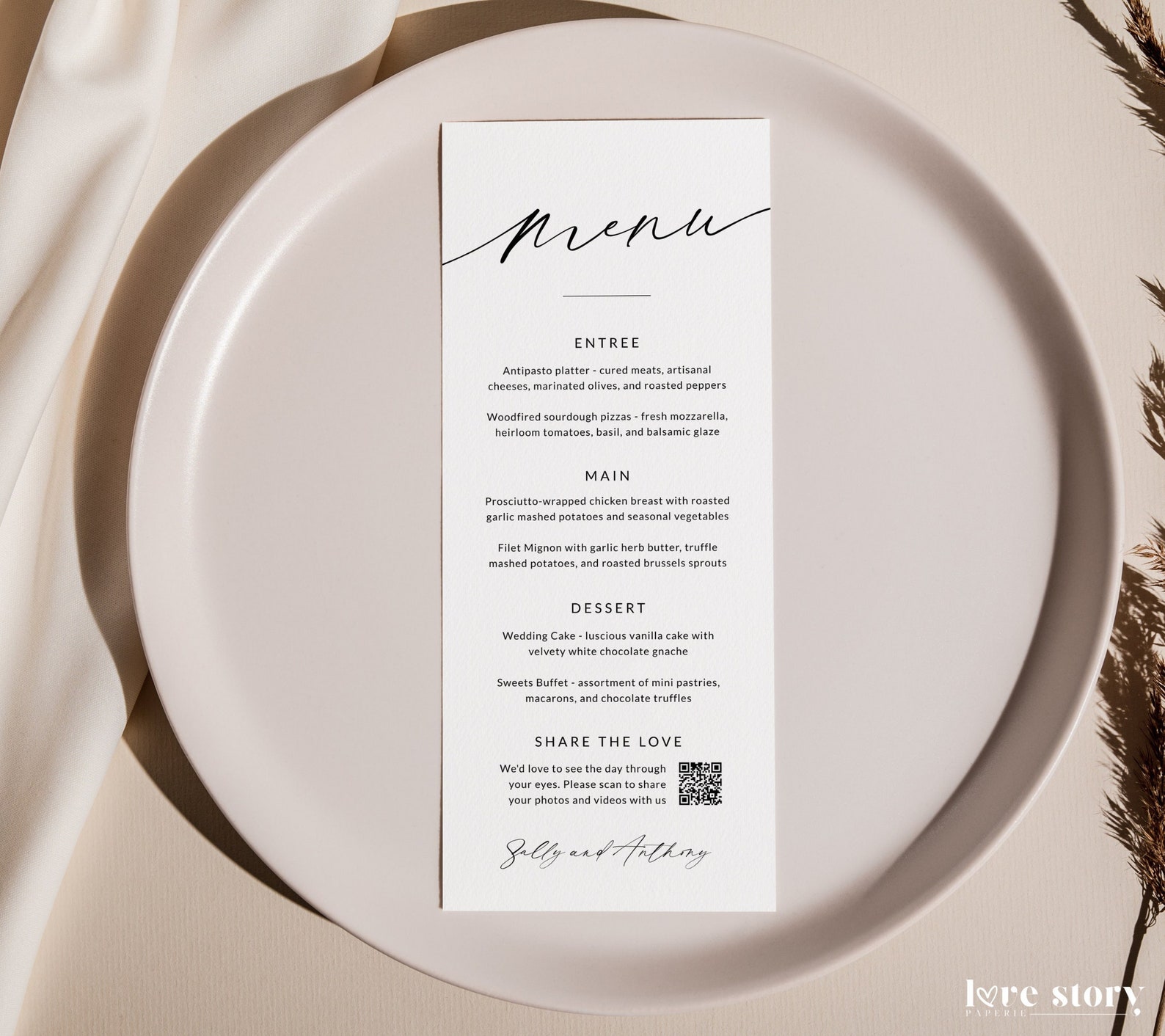 Wedding Menu With QR Code Template, Minimalist Script Menu Editable ...