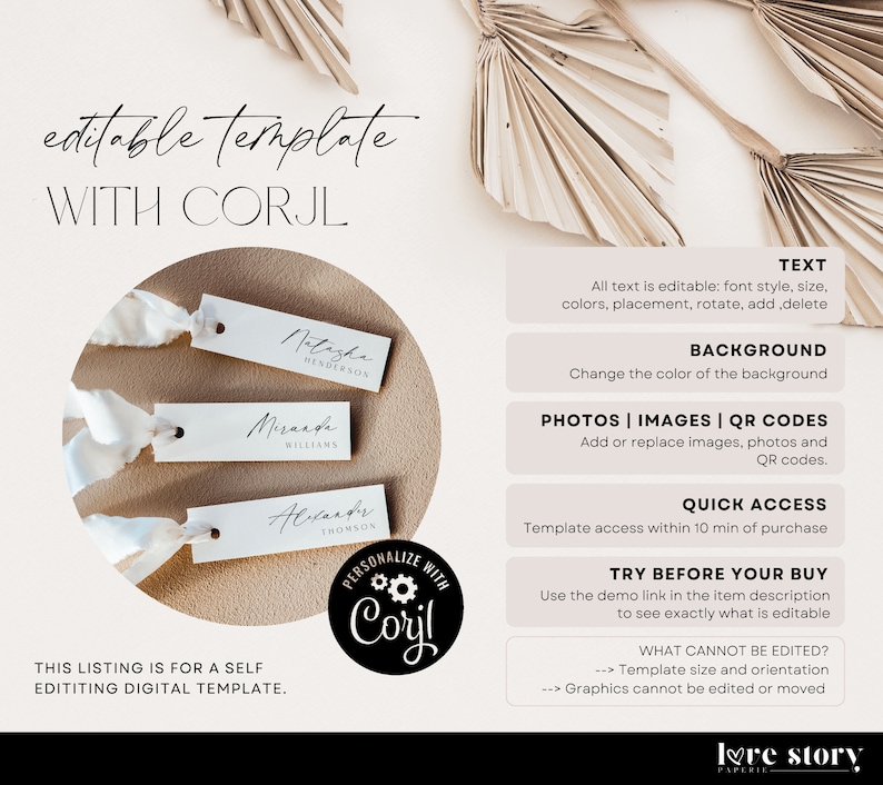 Slim Place Card Wedding Template, Modern Thin Name Cards Printable ...